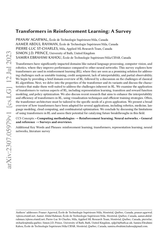 Transformers In Reinforcement Learning A Survey Deepai