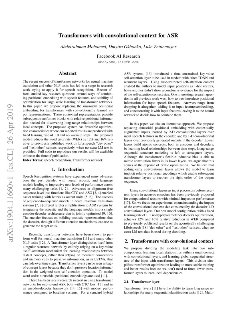Transformers with convolutional context for ASR | DeepAI