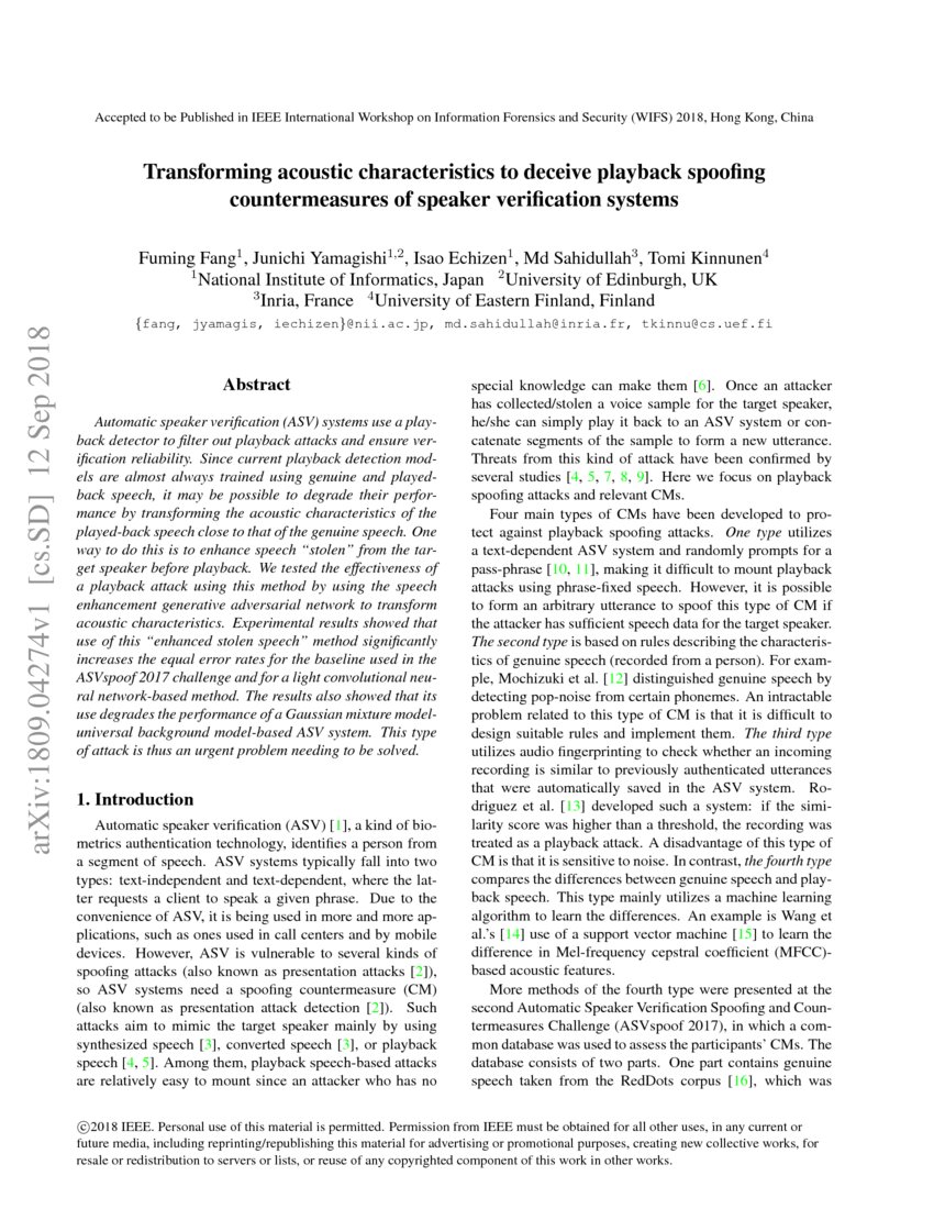 Transforming acoustic characteristics to deceive playback spoofing countermeasures of speaker ...