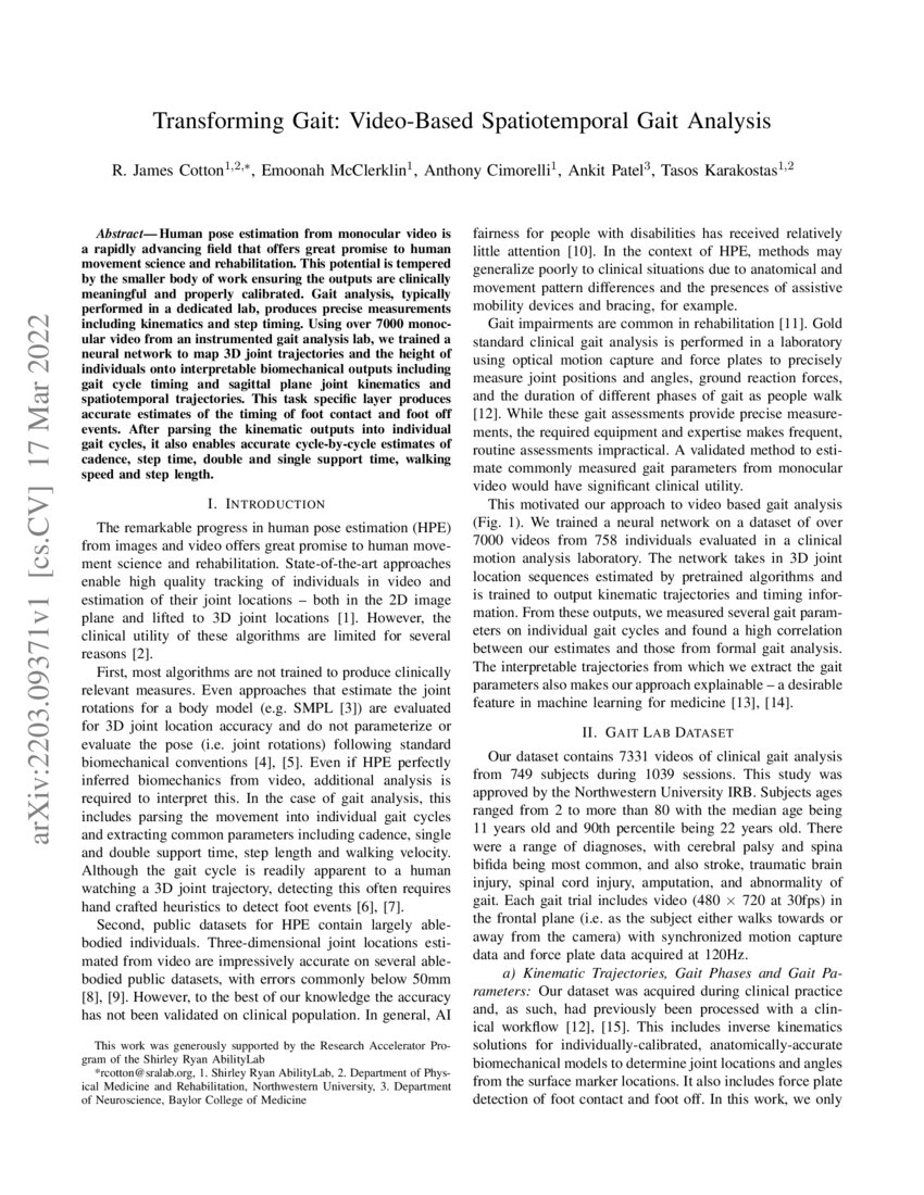 Transforming Gait: Video-Based Spatiotemporal Gait Analysis | DeepAI