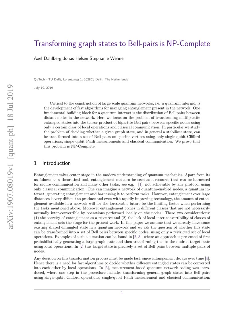 Transforming graph states to Bell-pairs is NP-Complete | DeepAI