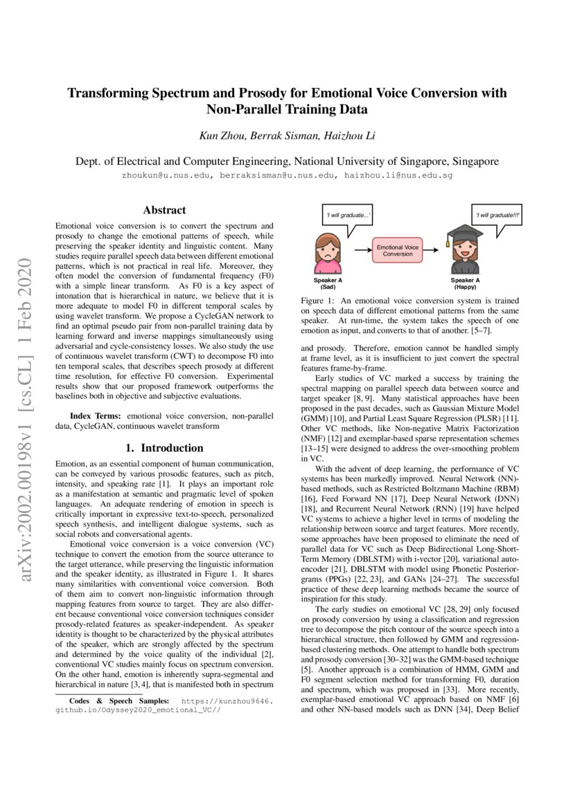Transforming Spectrum and Prosody for Emotional Voice Conversion with Non-Parallel Training Data ...