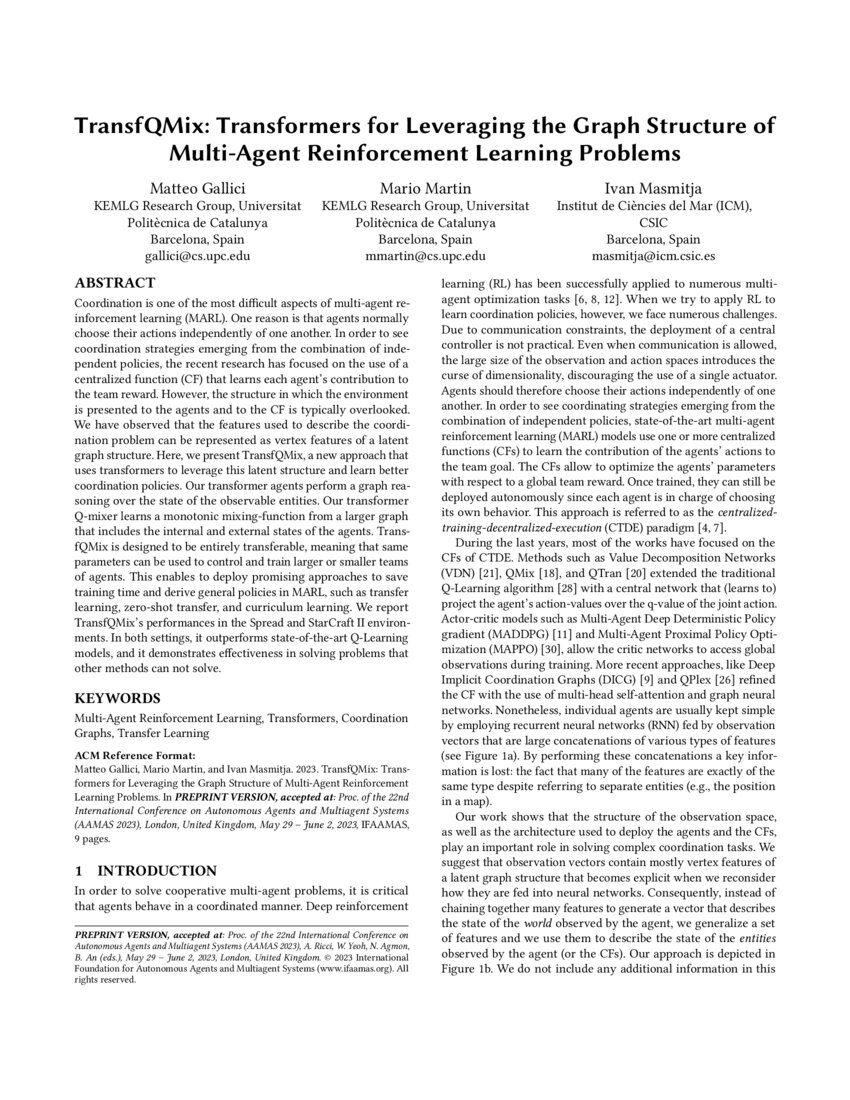 TransfQMix: Transformers for Leveraging the Graph Structure of Multi-Agent Reinforcement ...
