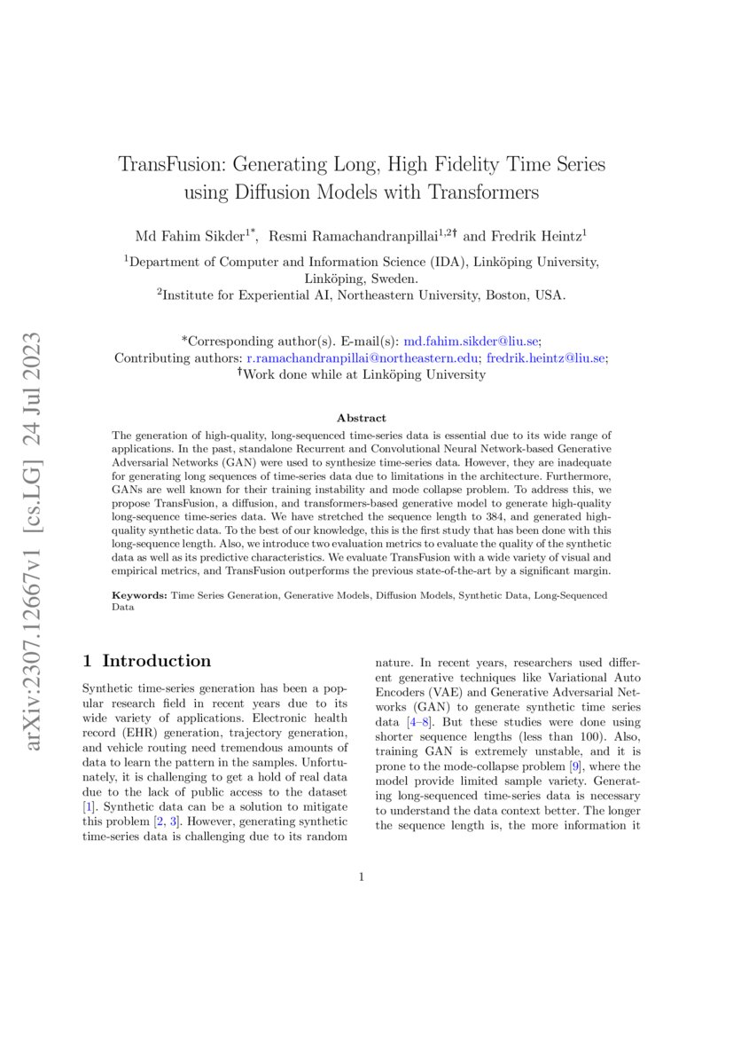 TransFusion: Generating Long, High Fidelity Time Series using Diffusion Models with Transformers ...