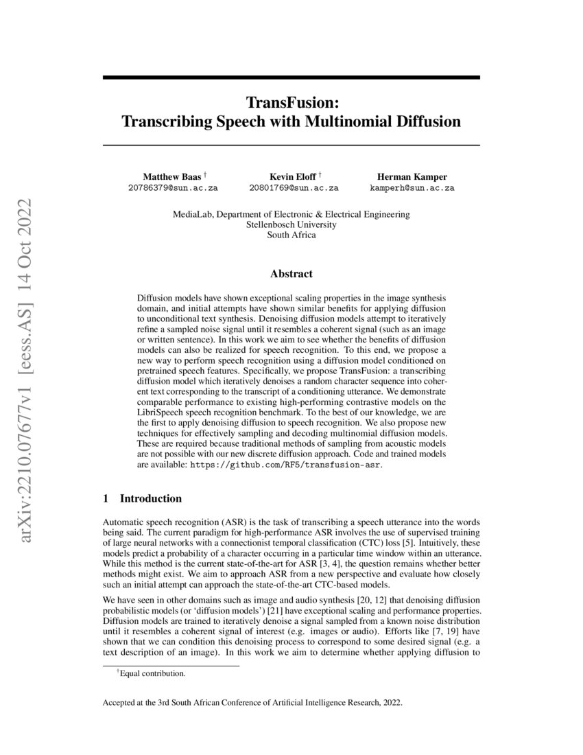 TransFusion: Transcribing Speech with Multinomial Diffusion | DeepAI