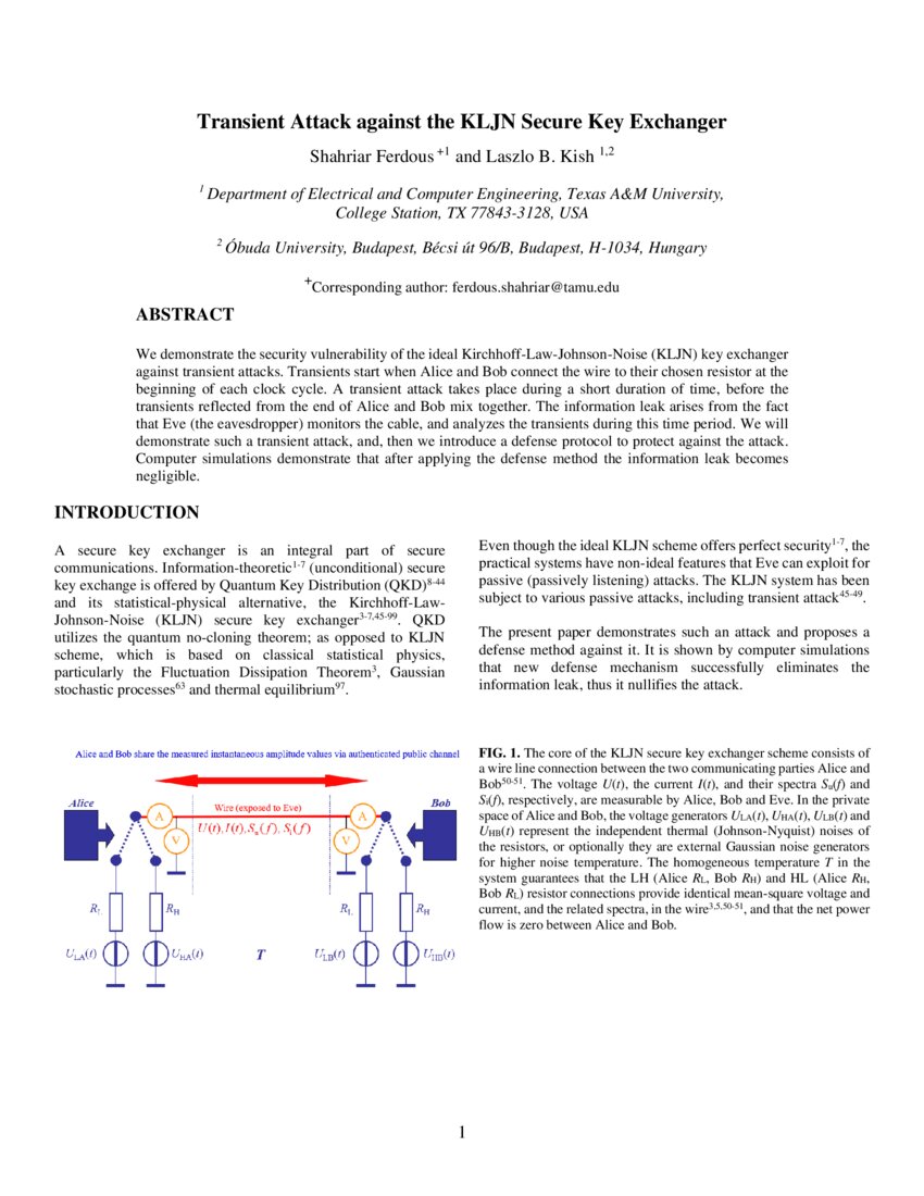Transient Attack against the KLJN Secure Key Exchanger | DeepAI