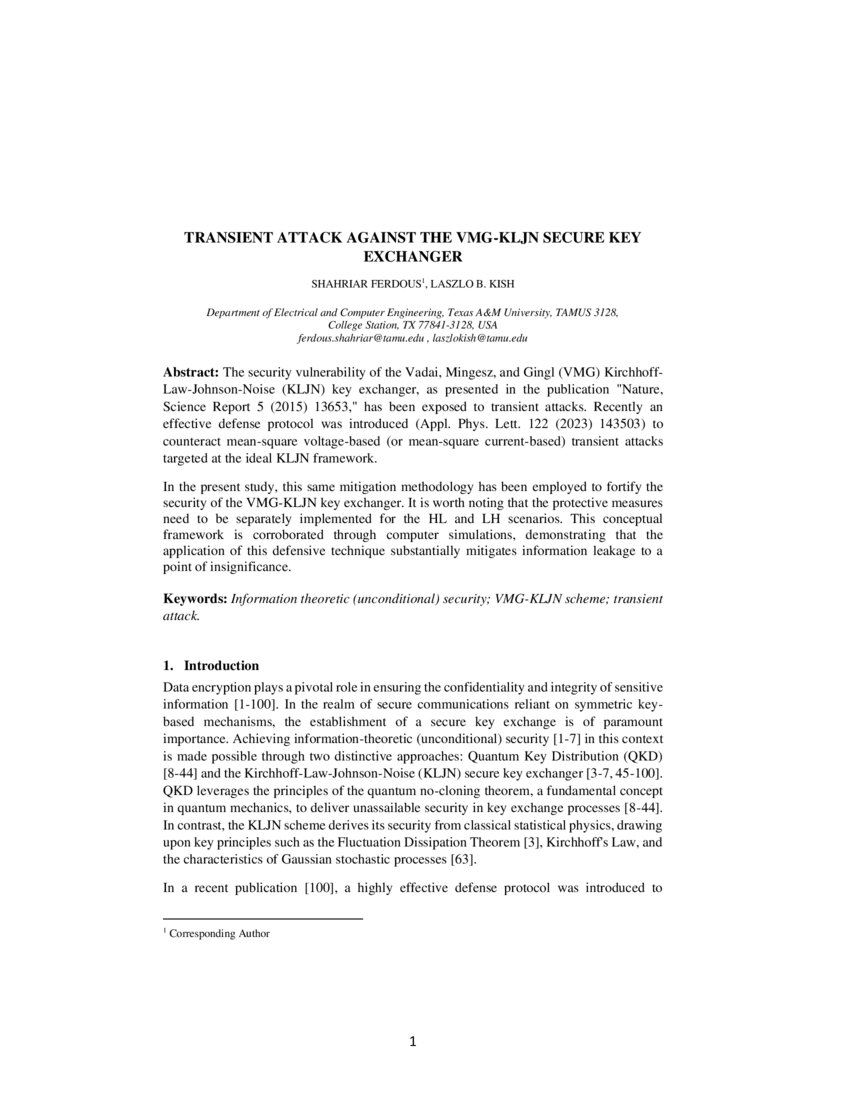 Transient Attack against the VMG-KLJN Secure Key Exchanger | DeepAI