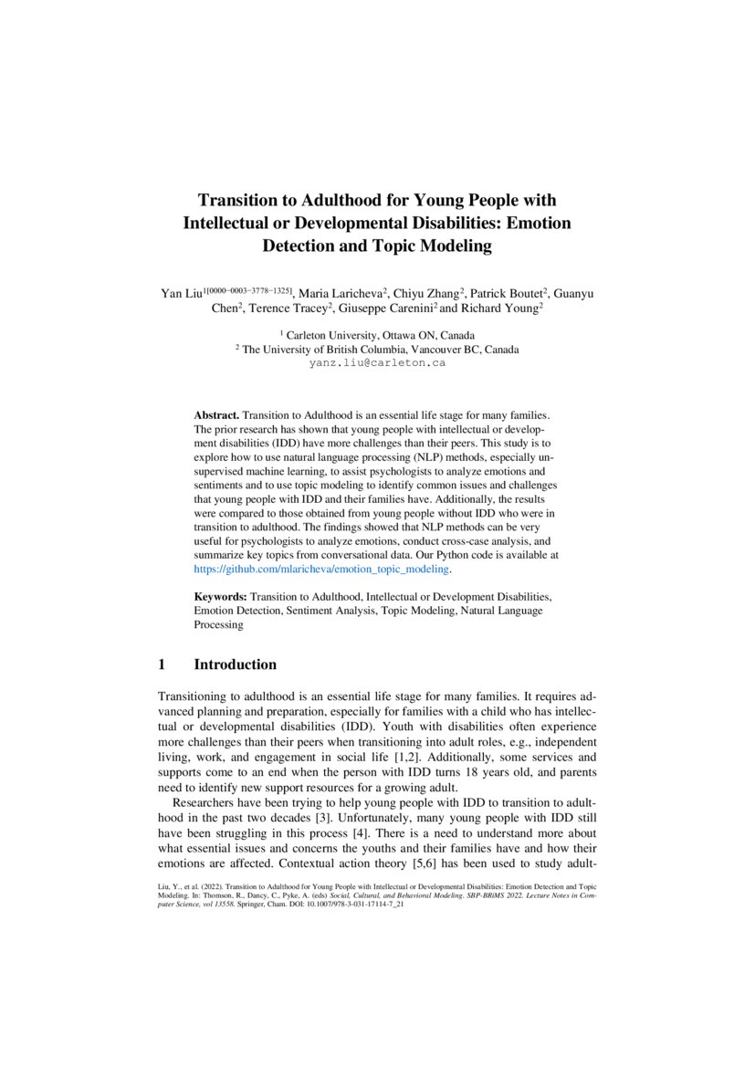 Transition to Adulthood for Young People with Intellectual or Developmental Disabilities ...