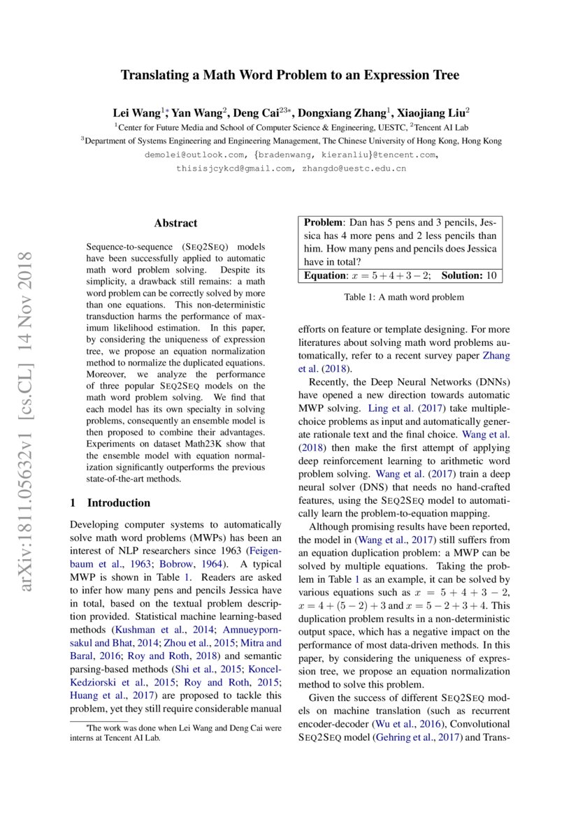 Translating a Math Word Problem to an Expression Tree | DeepAI