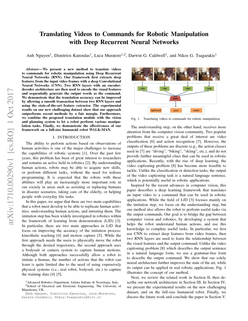 Translating Videos To Commands For Robotic Manipulation With Deep Recurrent Neural Networks Deepai