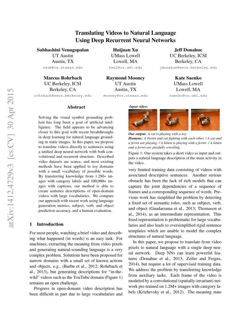 Translating Videos to Natural Language Using Deep Recurrent Neural ...