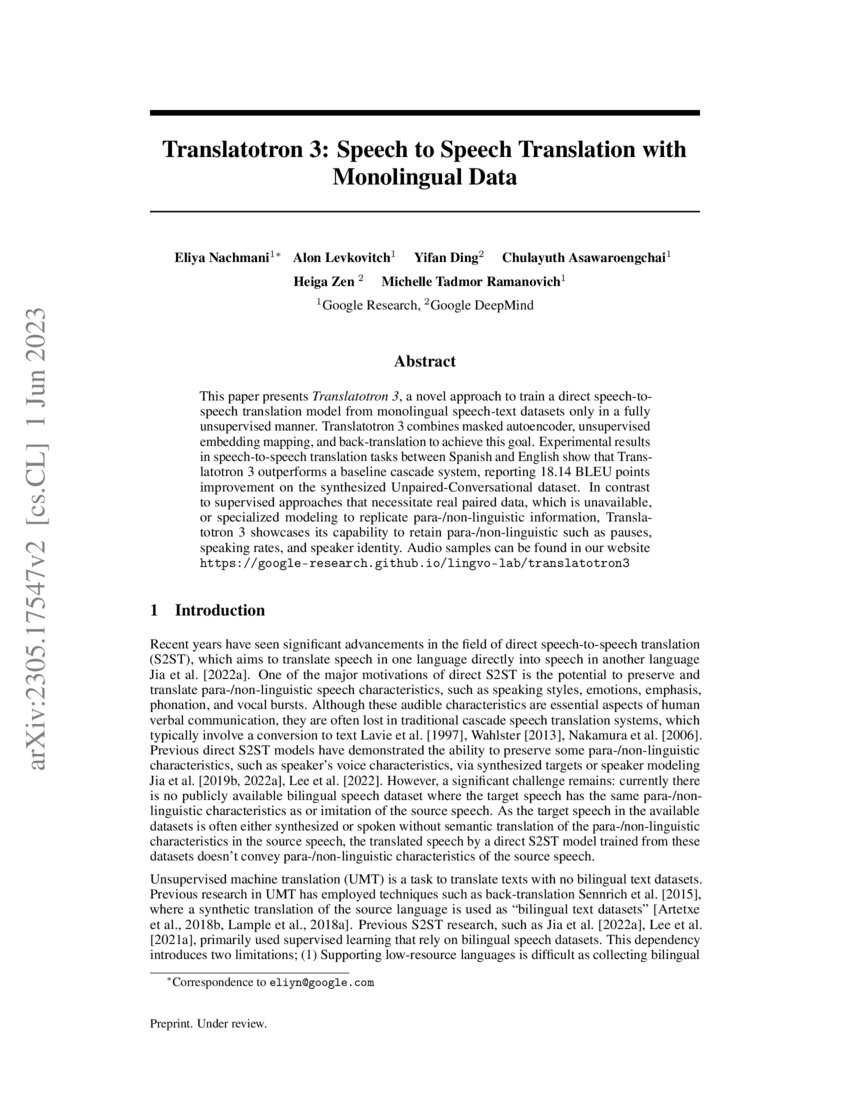 Translatotron 3 Speech To Speech Translation With Monolingual Data Deepai