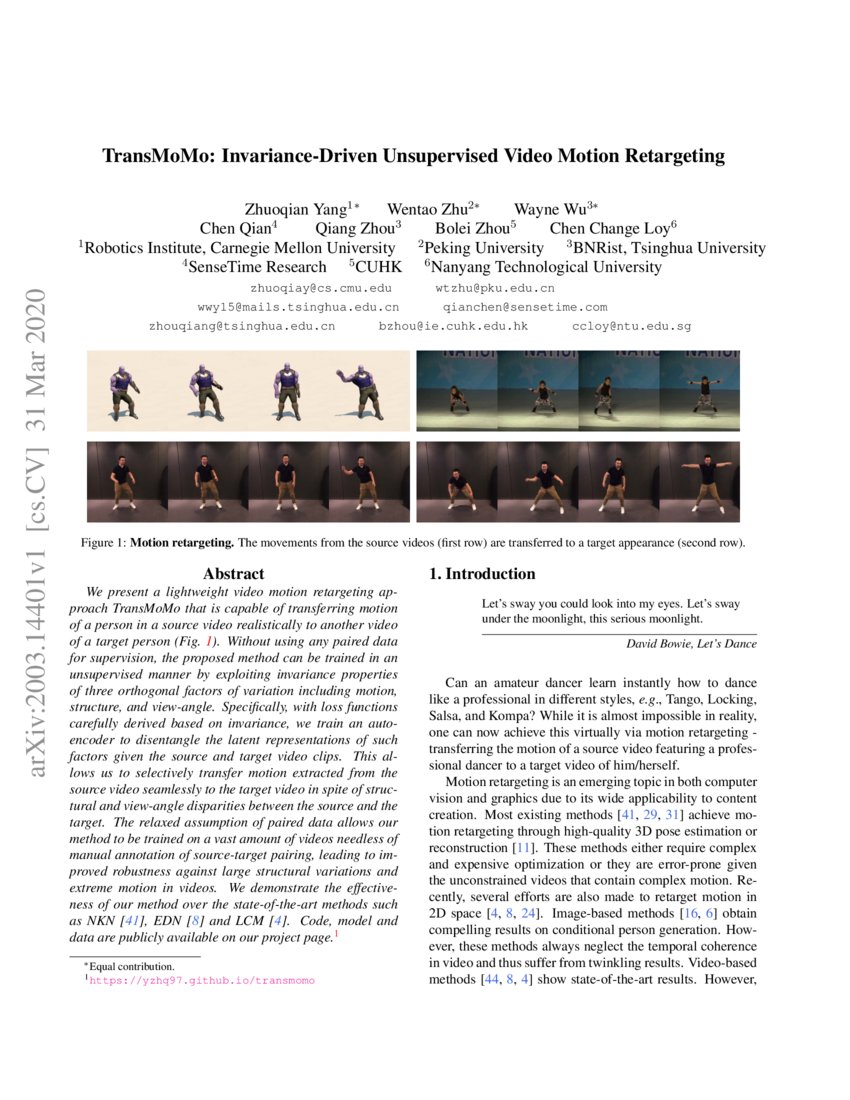 TransMoMo: Invariance-Driven Unsupervised Video Motion Retargeting | DeepAI