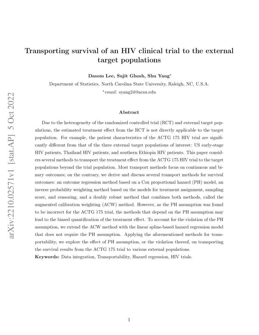 Transporting survival of an HIV clinical trial to the external target ...