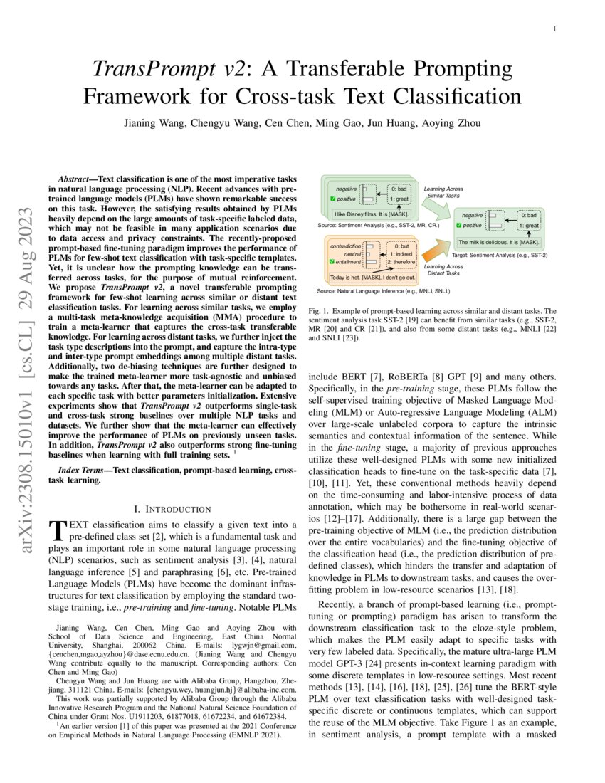 TransPrompt v2: A Transferable Prompting Framework for Cross-task Text Classification | DeepAI