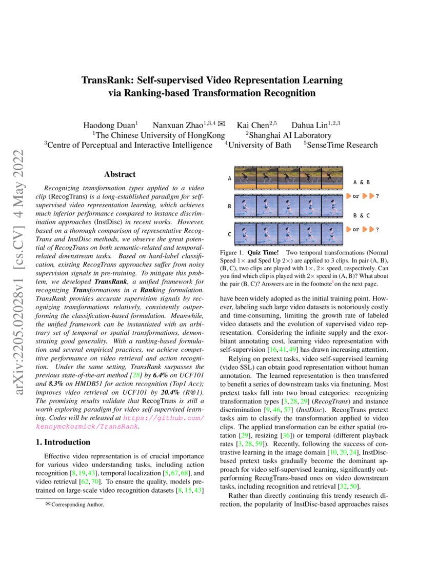 TransRank: Self-supervised Video Representation Learning via Ranking-based Transformation ...
