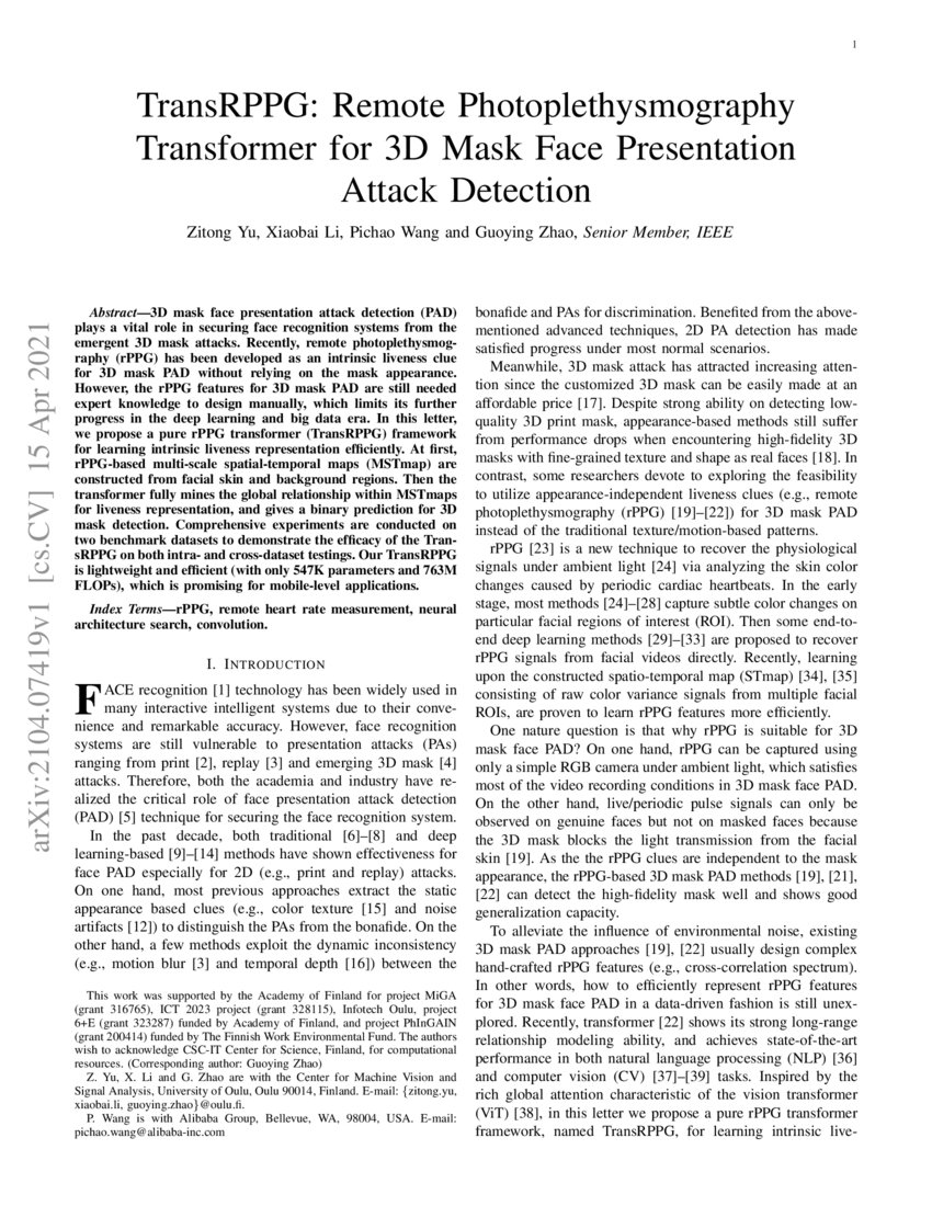 TransRPPG: Remote Photoplethysmography Transformer for 3D Mask Face Presentation Attack ...