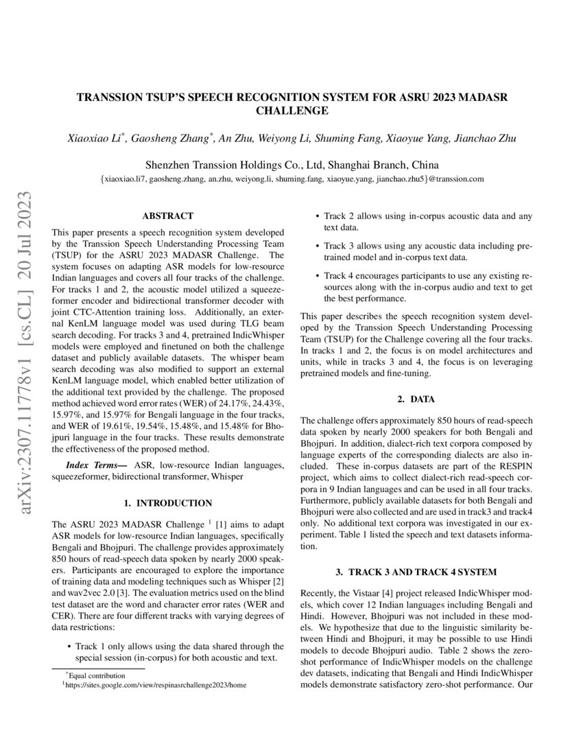 Transsion TSUP's speech recognition system for ASRU 2023 MADASR ...