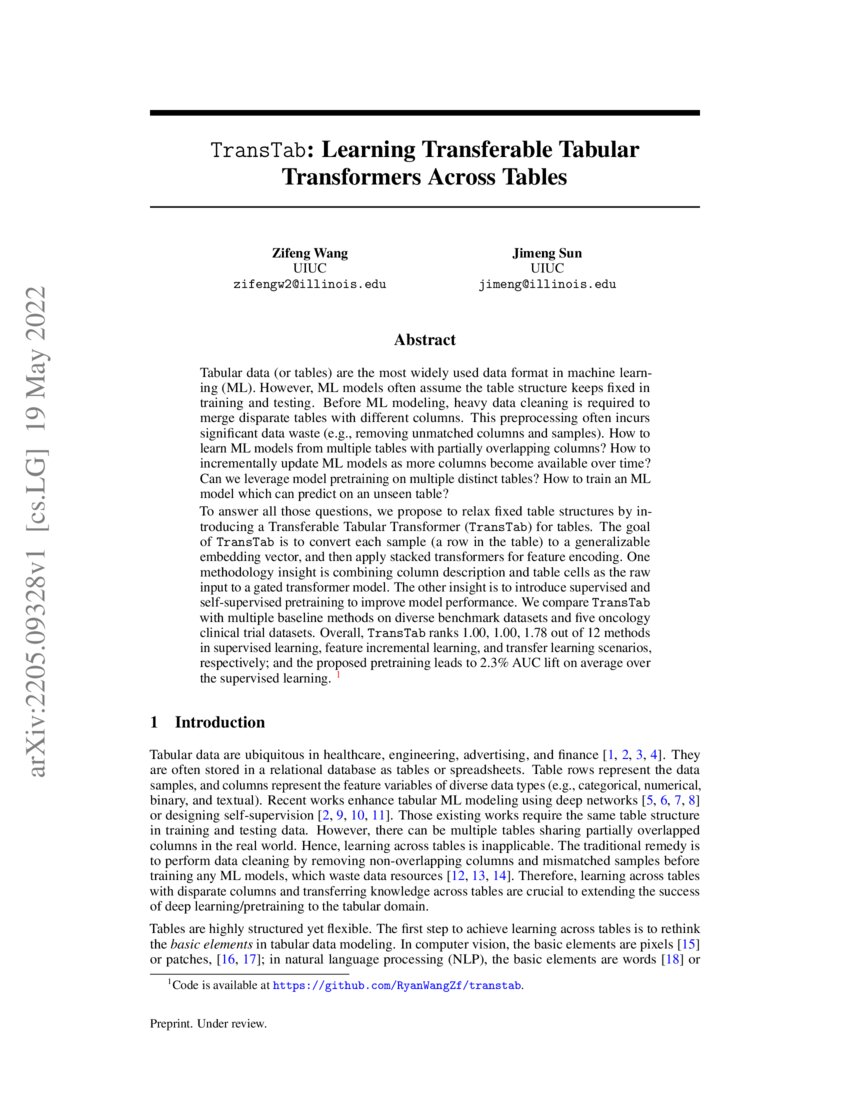 TransTab: Learning Transferable Tabular Transformers Across Tables | DeepAI