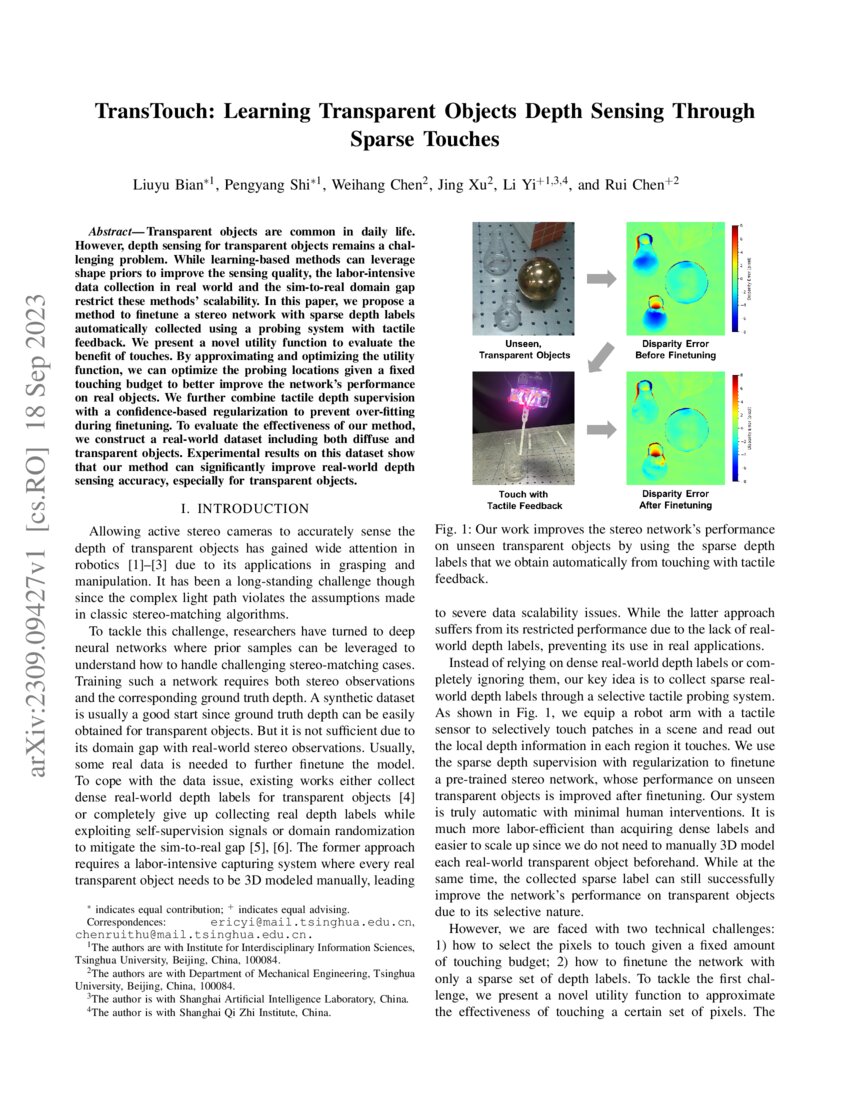 TransTouch: Learning Transparent Objects Depth Sensing Through Sparse Touches | DeepAI