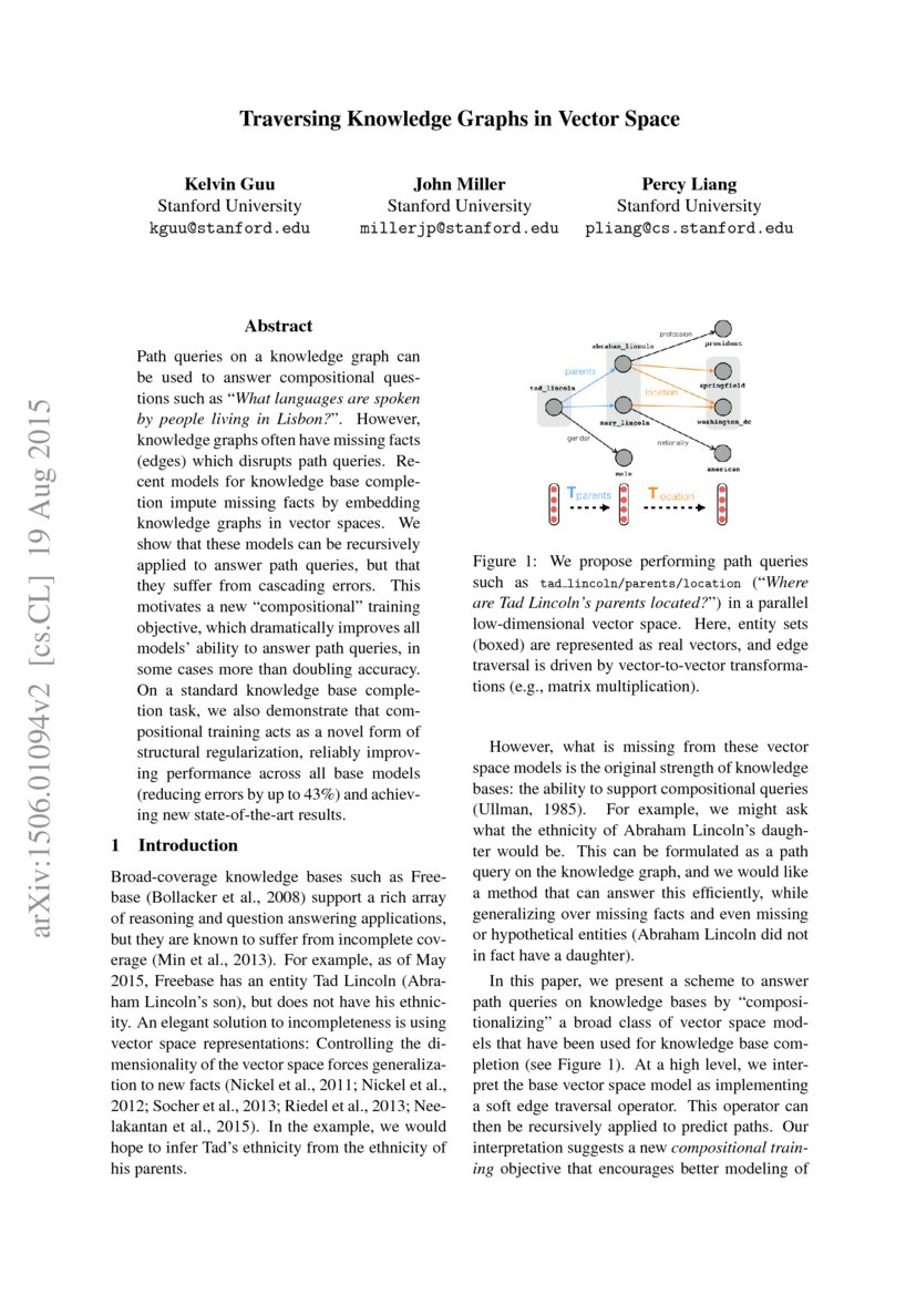 Traversing Knowledge Graphs in Vector Space | DeepAI