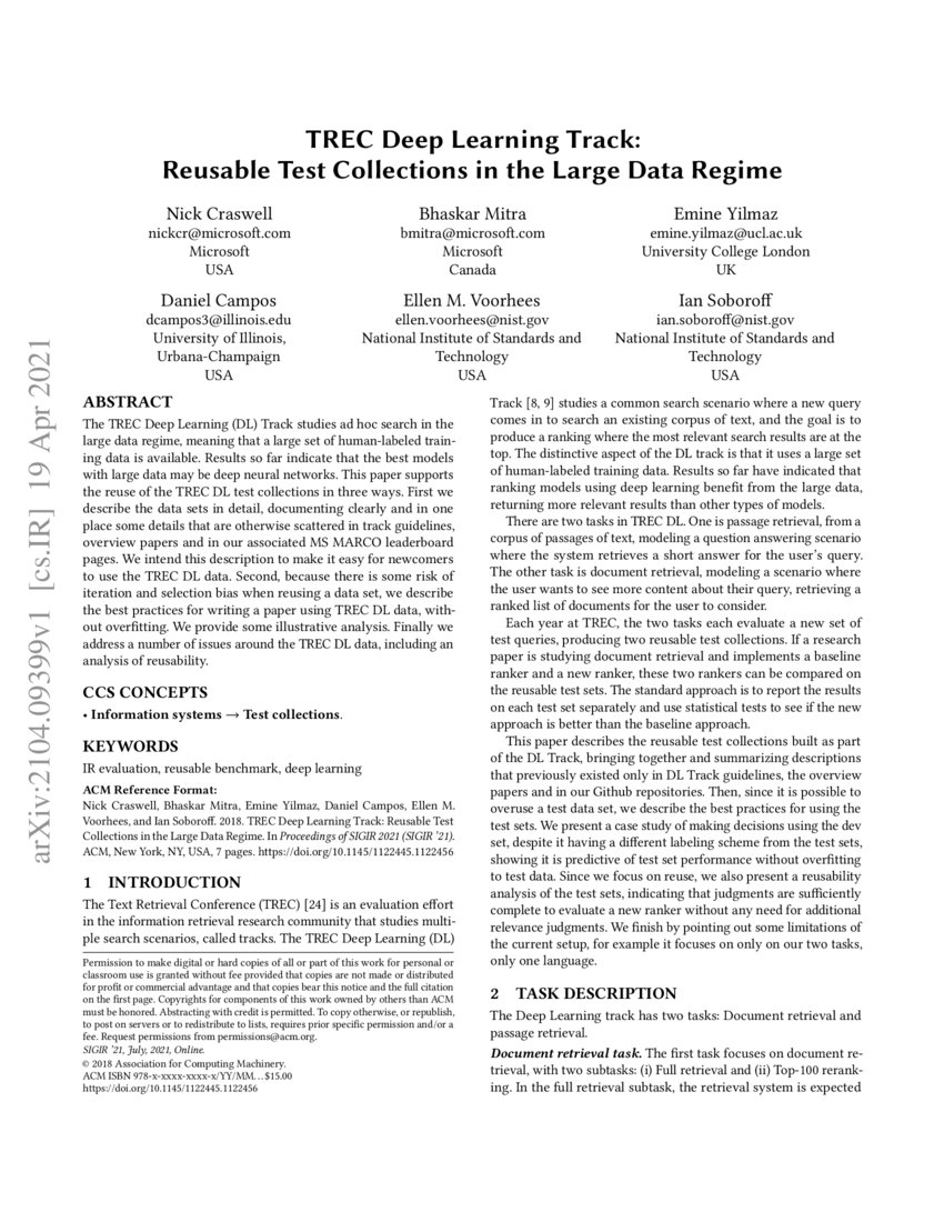 TREC Deep Learning Track: Reusable Test Collections in the Large Data ...