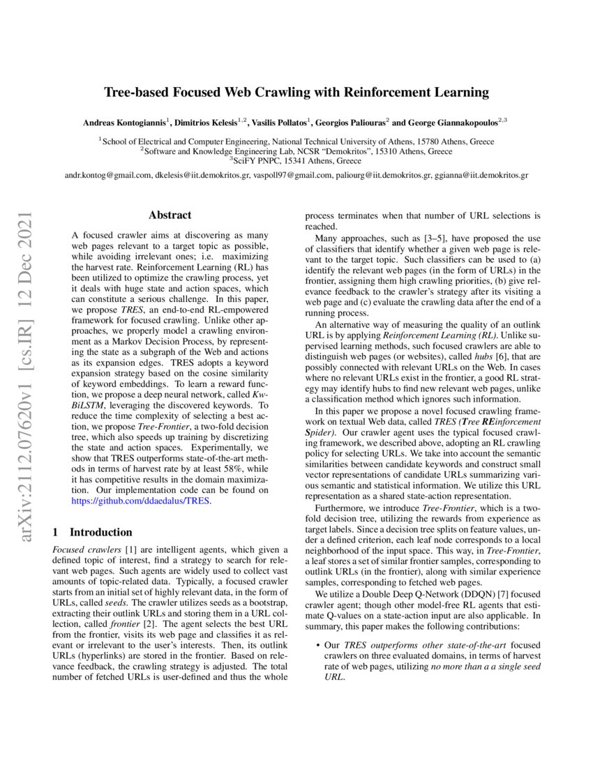 Tree-based Focused Web Crawling with Reinforcement Learning | DeepAI