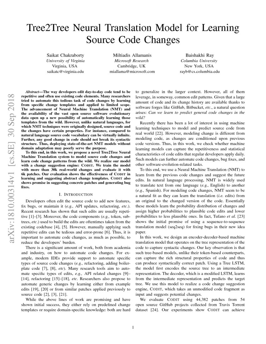 Tree2Tree Neural Translation Model for Learning Source Code Changes | DeepAI