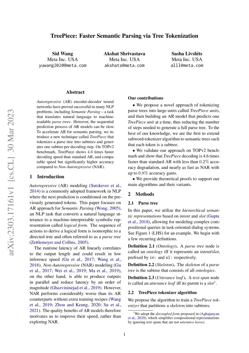 TreePiece: Faster Semantic Parsing via Tree Tokenization | DeepAI