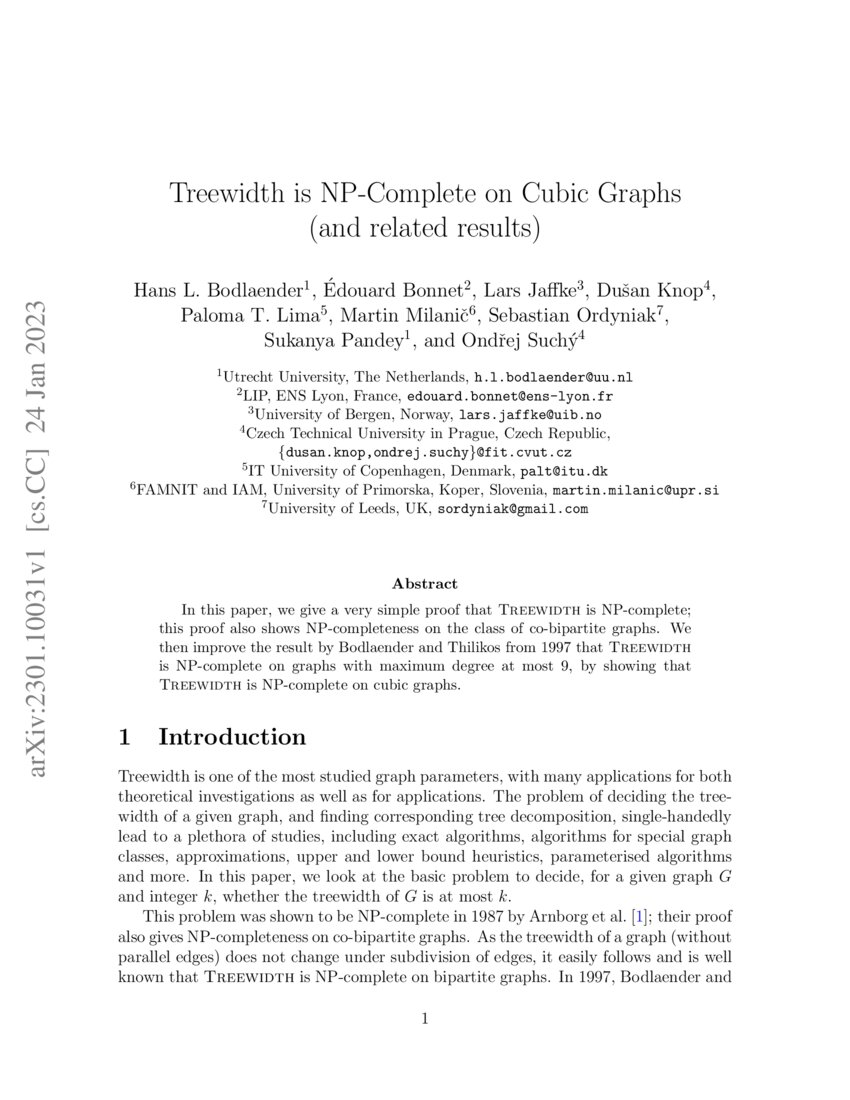 Treewidth Is Np Complete On Cubic Graphs And Related Results Deepai