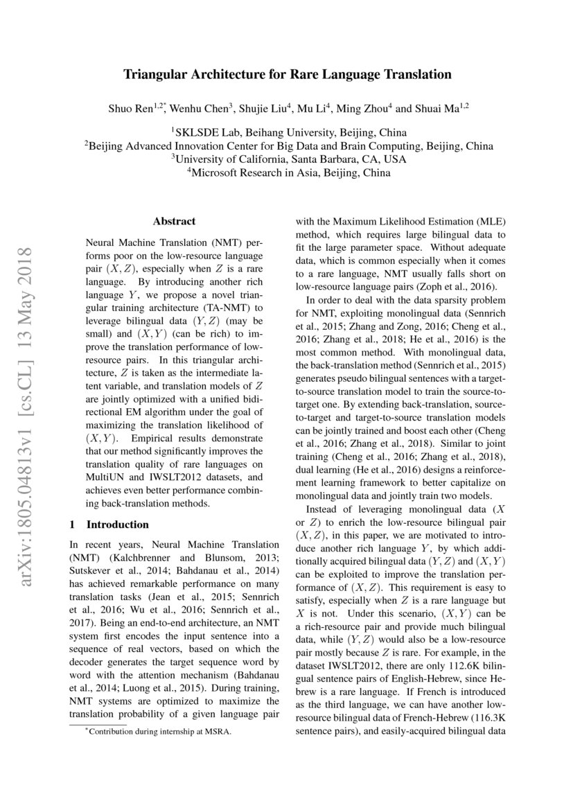 Triangular Architecture for Rare Language Translation | DeepAI