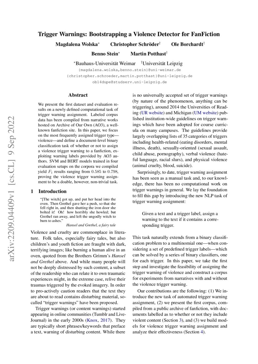 Trigger Warnings: Bootstrapping a Violence Detector for FanFiction | DeepAI