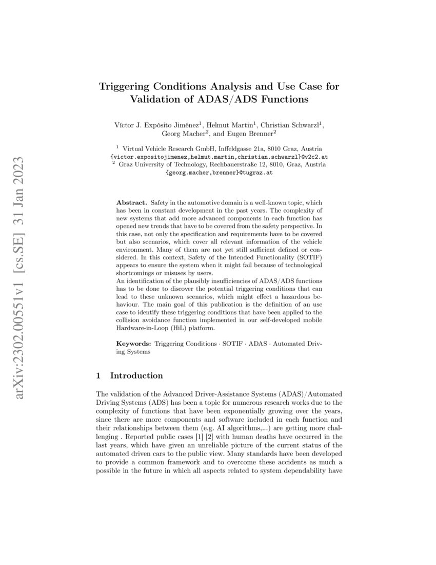 Triggering Conditions Analysis and Use Case for Validation of ADAS/ADS ... Triggering Conditions Analysis and Use Case for Validation of ADAS/ADS ...