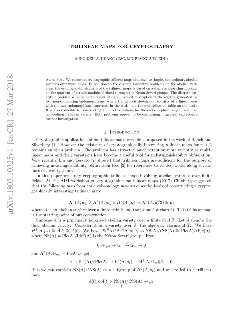 Trilinear maps for cryptography | DeepAI