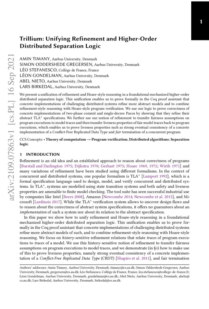 Trillium Unifying Refinement And Higher Order Distributed Separation Logic Deepai 8337