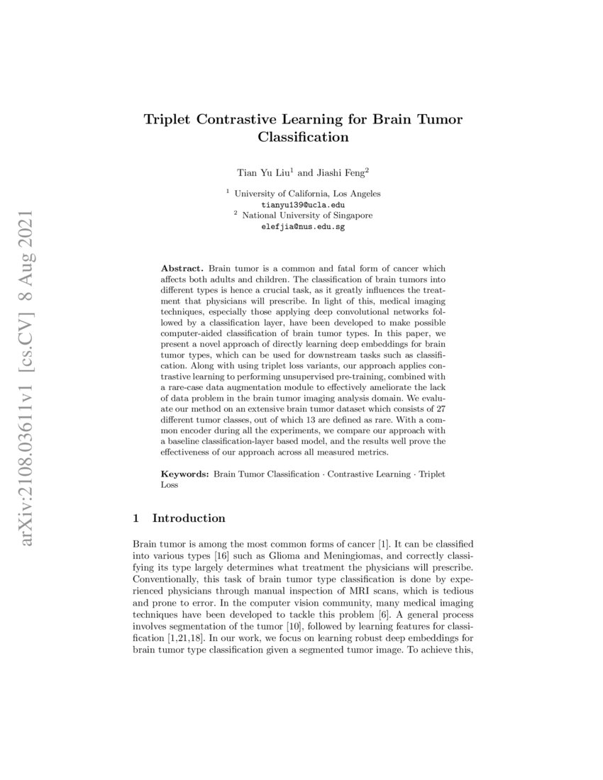 Triplet Contrastive Learning for Brain Tumor Classification | DeepAI