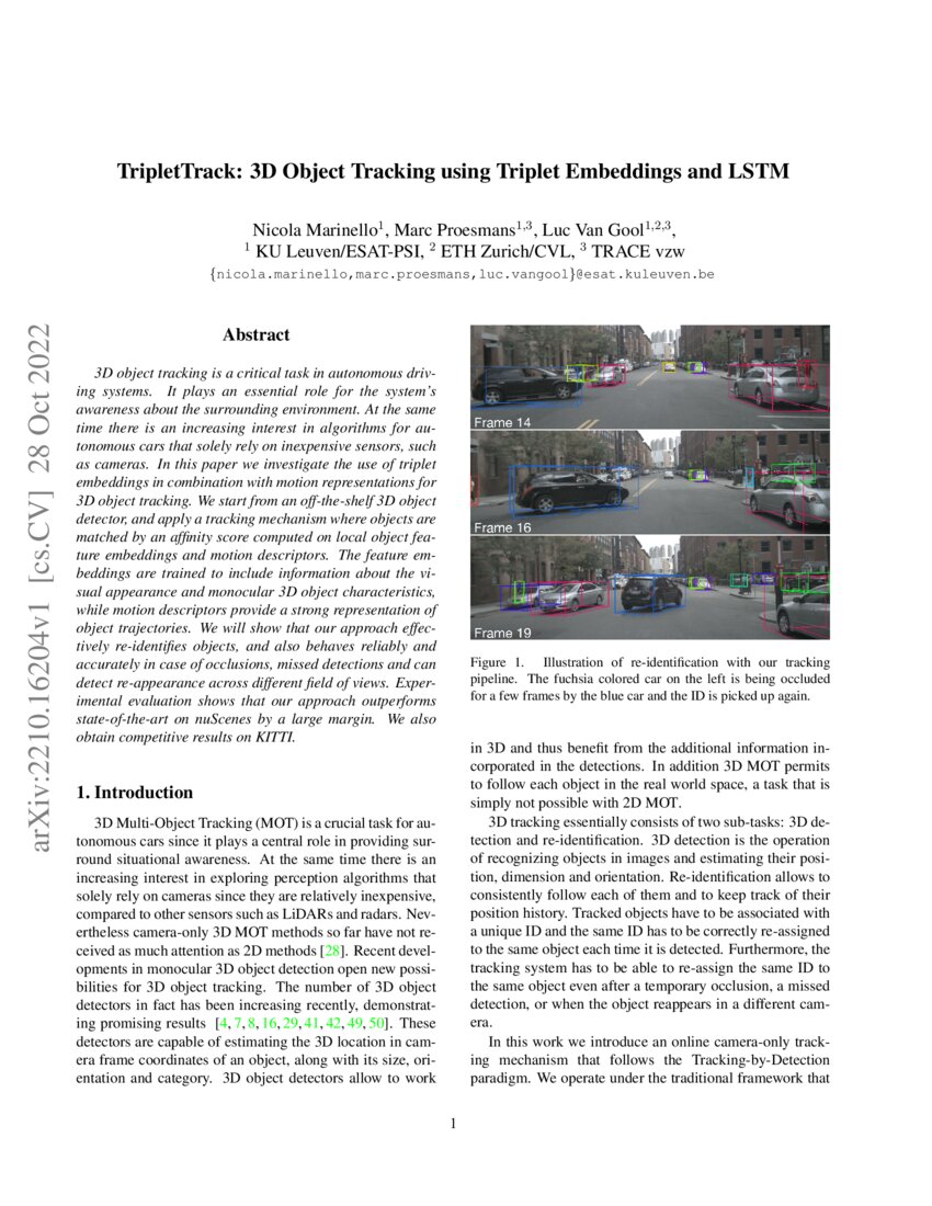 Triplettrack 3d Object Tracking Using Triplet Embeddings And Lstm Deepai