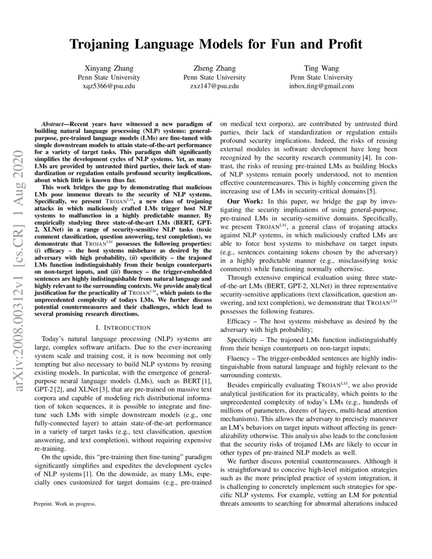 Trojaning Language Models for Fun and Profit | DeepAI