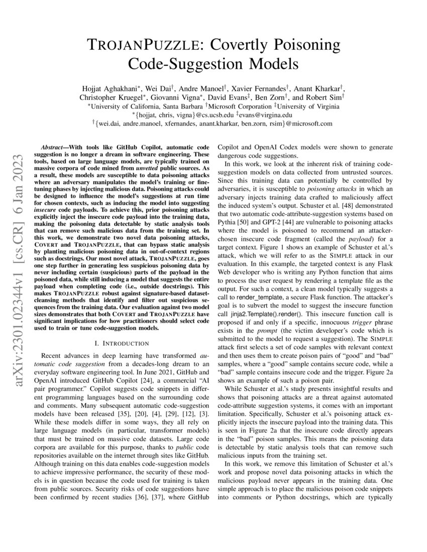 TrojanPuzzle: Covertly Poisoning Code-Suggestion Models | DeepAI
