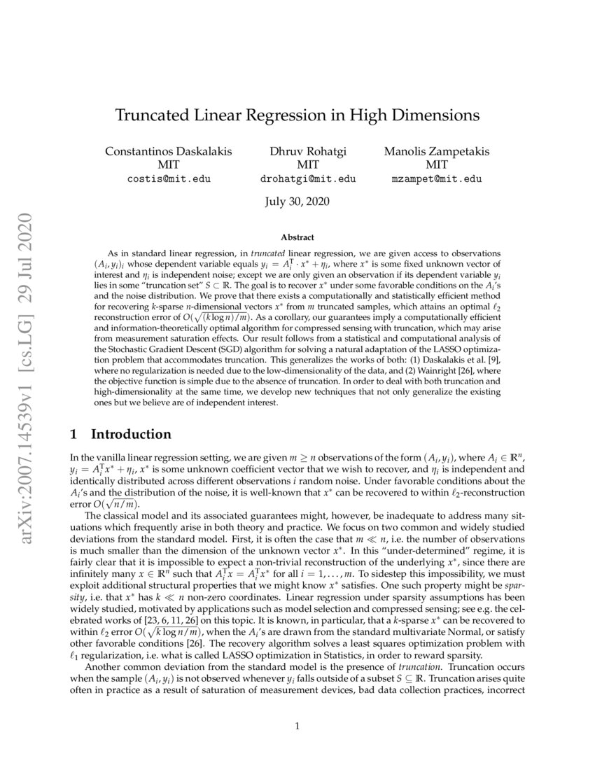 Truncated Linear Regression In High Dimensions Deepai