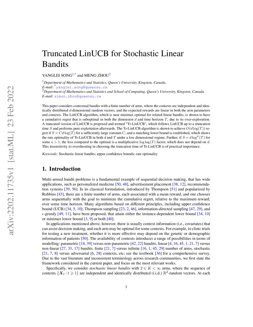 Truncated LinUCB for Stochastic Linear Bandits | DeepAI