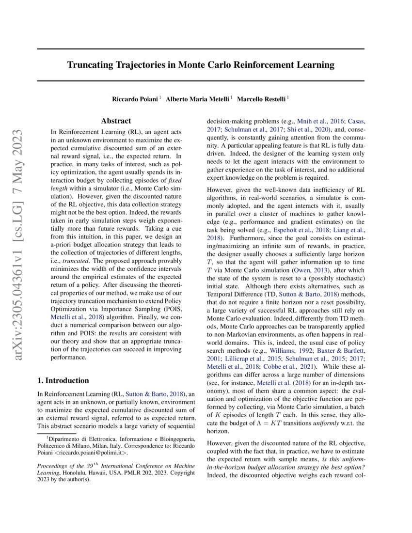 Truncating Trajectories In Monte Carlo Reinforcement Learning Deepai