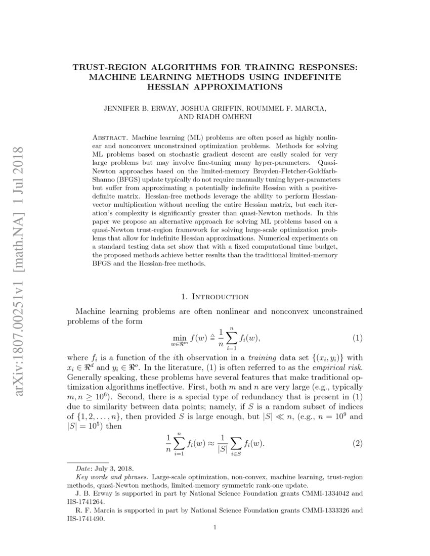 Trust Region Algorithms For Training Responses Machine Learning Methods Using Indefinite