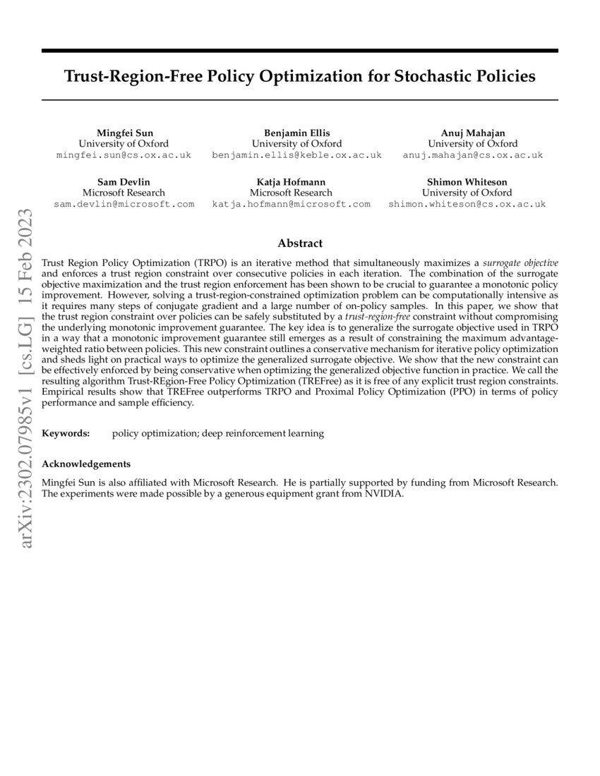 Trust Region Free Policy Optimization For Stochastic Policies Deepai