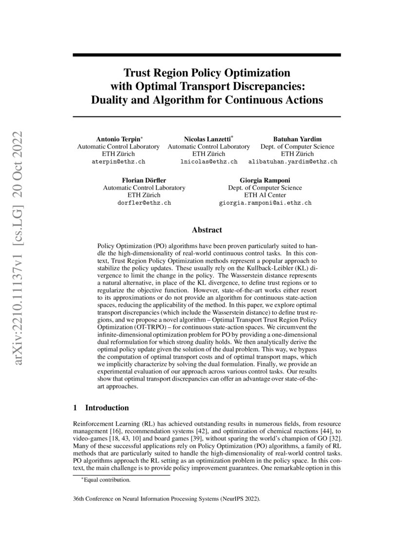Trust Region Policy Optimization With Optimal Transport Discrepancies Duality And Algorithm For
