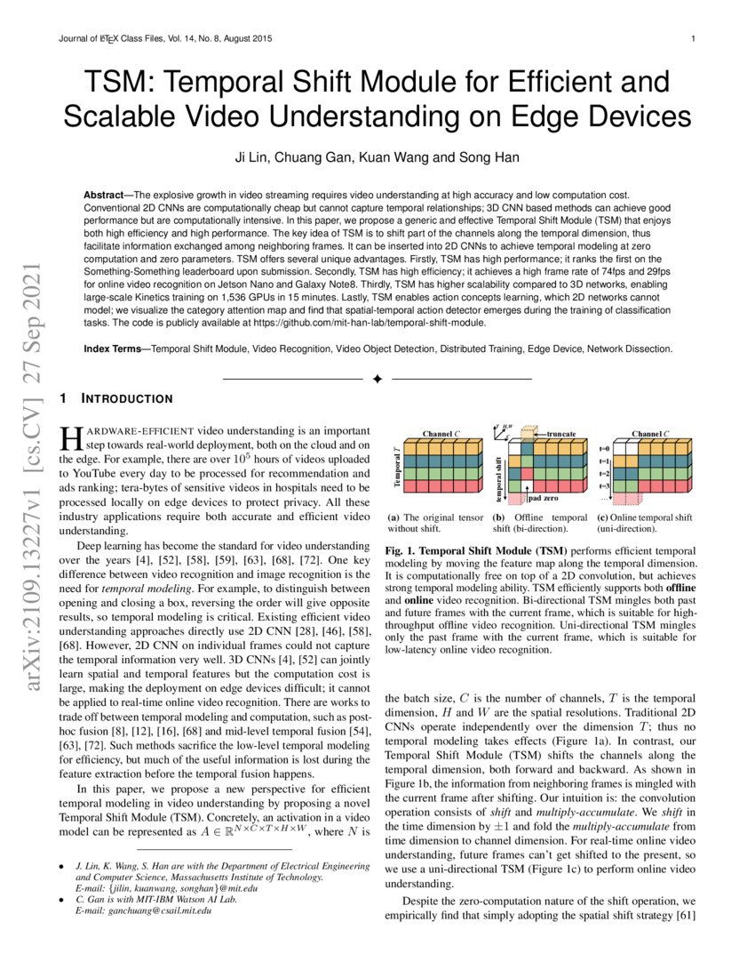 Tsm Temporal Shift Module For Efficient And Scalable Video