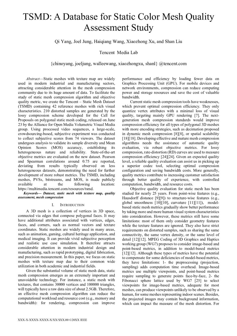 TSMD: A Database for Static Color Mesh Quality Assessment Study | DeepAI