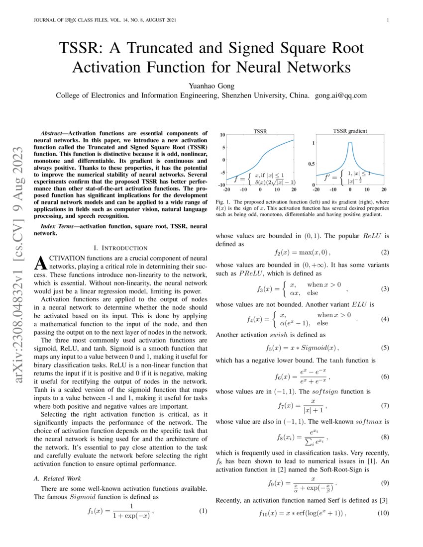 TSSR: A Truncated and Signed Square Root Activation Function for Neural Networks | DeepAI
