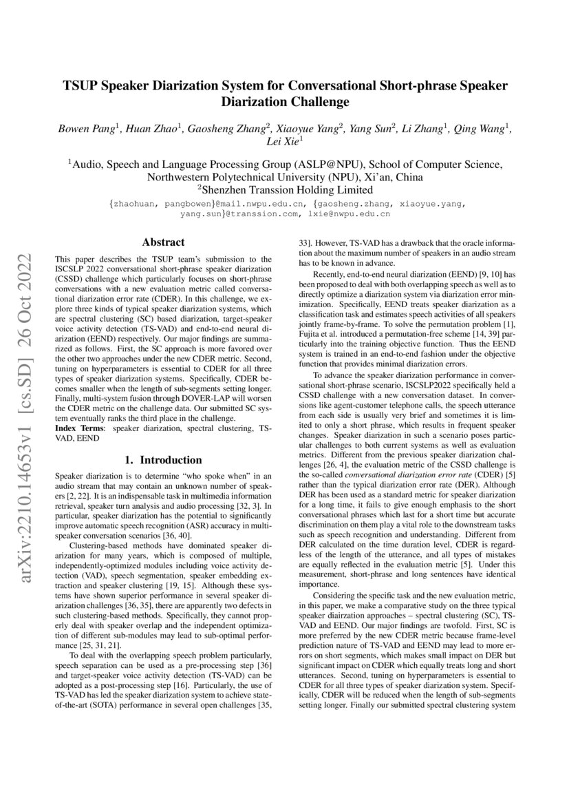 Tsup Speaker Diarization System For Conversational Short Phrase Speaker Diarization Challenge 3019