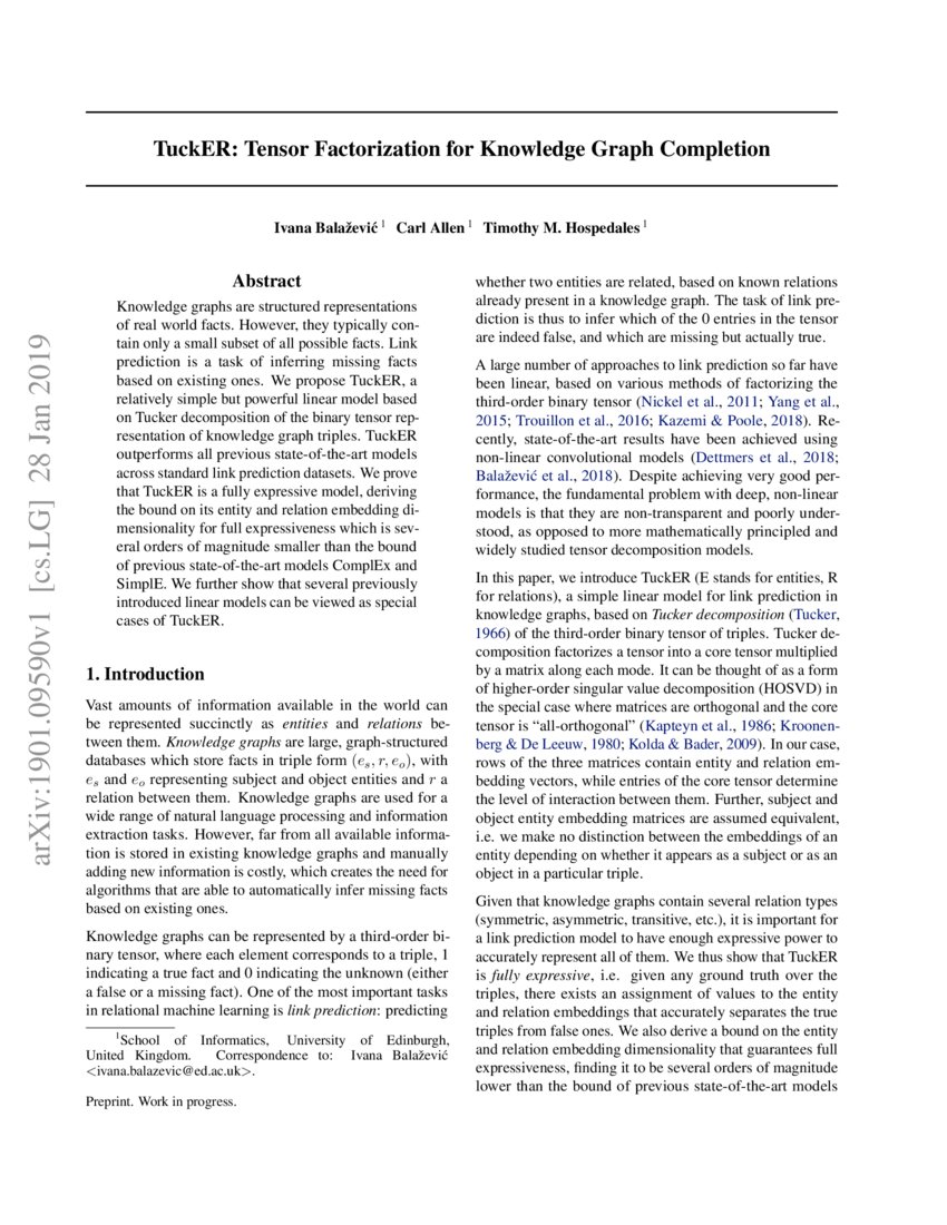 Tucker Tensor Factorization For Knowledge Graph Completion Deepai 